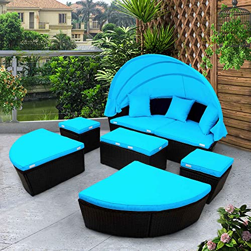 ATY Outdoor Rattan Round Daybed Sunbed with Retractable Canopy, All-Weather Wicker Furniture Sectional Sofa Set w/Washable Cushions for Backyard,Porch, Blue