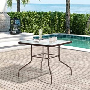 Crestlive Products Patio Dining Table, Outdoor Square Table with Umbrella Hole for 4 Persons, Tempered Glass Metal Bistro Table for Lawn, Deck, Backyard, Garden (Brown)