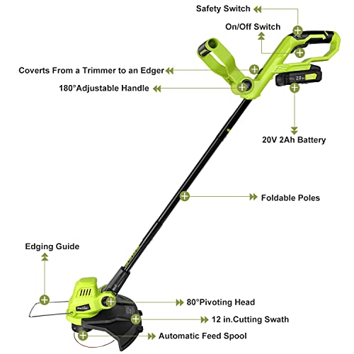 Cordless String Trimmer - SnapFresh Battery Operated LawnTrimmer, 20V Line String Trimmer with Battery & Charger for Adjustable Angle Cutting, Lightweight String Trimmer / Edger in Garden & Outdoor