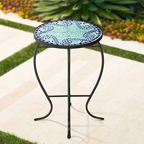 Teal Island Designs Ocean Wave Modern Industrial Black Iron Metal Round Outdoor Accent Side Table 14" Wide Light Green Mosaic Tile Tabletop Gracefully Curved Legs for Porch Patio House Balcony Deck