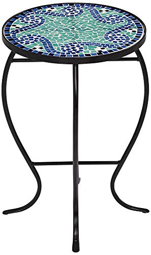 Teal Island Designs Ocean Wave Modern Industrial Black Iron Metal Round Outdoor Accent Side Table 14" Wide Light Green Mosaic Tile Tabletop Gracefully Curved Legs for Porch Patio House Balcony Deck