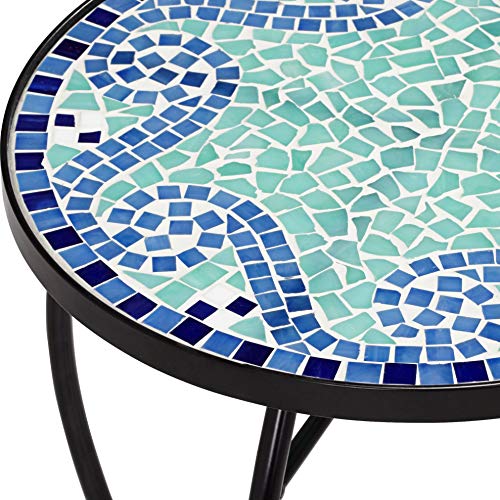 Teal Island Designs Ocean Wave Modern Industrial Black Iron Metal Round Outdoor Accent Side Table 14" Wide Light Green Mosaic Tile Tabletop Gracefully Curved Legs for Porch Patio House Balcony Deck