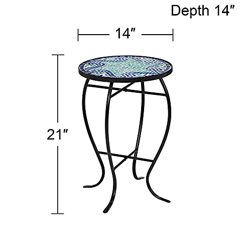 Teal Island Designs Ocean Wave Modern Industrial Black Iron Metal Round Outdoor Accent Side Table 14" Wide Light Green Mosaic Tile Tabletop Gracefully Curved Legs for Porch Patio House Balcony Deck