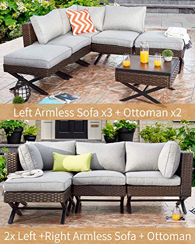 Romayard Wicker Patio Ottoman Outdoor Footstools Rattan Furniture X-Leg All Weather Footrest Seat with Cushion