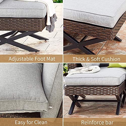 Romayard Wicker Patio Ottoman Outdoor Footstools Rattan Furniture X-Leg All Weather Footrest Seat with Cushion