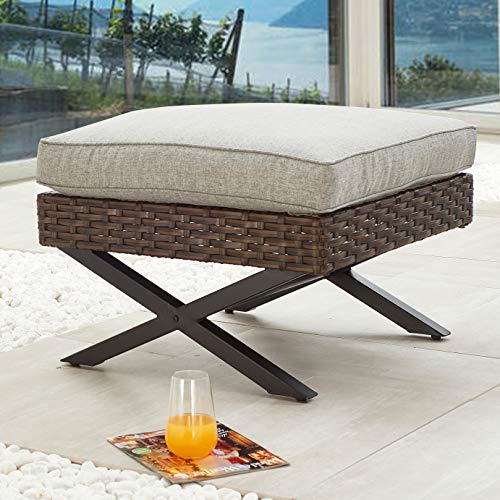 Romayard Wicker Patio Ottoman Outdoor Footstools Rattan Furniture X-Leg All Weather Footrest Seat with Cushion