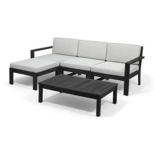 Great Deal Furniture Makayla Ana Outdoor 3 Seater Acacia Wood Sofa Sectional with Cushions, Dark Gray and Light Gray