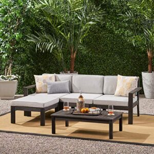 Great Deal Furniture Makayla Ana Outdoor 3 Seater Acacia Wood Sofa Sectional with Cushions, Dark Gray and Light Gray