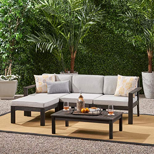 Great Deal Furniture Makayla Ana Outdoor 3 Seater Acacia Wood Sofa Sectional with Cushions, Dark Gray and Light Gray