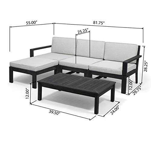 Great Deal Furniture Makayla Ana Outdoor 3 Seater Acacia Wood Sofa Sectional with Cushions, Dark Gray and Light Gray