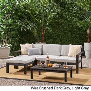 Great Deal Furniture Makayla Ana Outdoor 3 Seater Acacia Wood Sofa Sectional with Cushions, Dark Gray and Light Gray