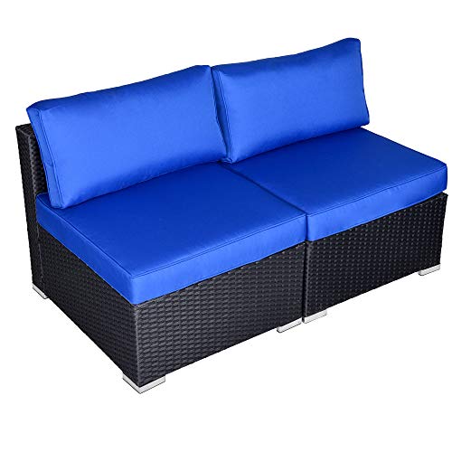 SUNVIVI OUTDOOR Patio Couch, 2 Piece Wicker Outdoor Sectional Sofa with Removable Navy Blue Cushions, Extra Armless Sofa Furniture