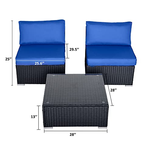 SUNVIVI OUTDOOR Patio Couch, 2 Piece Wicker Outdoor Sectional Sofa with Removable Navy Blue Cushions, Extra Armless Sofa Furniture