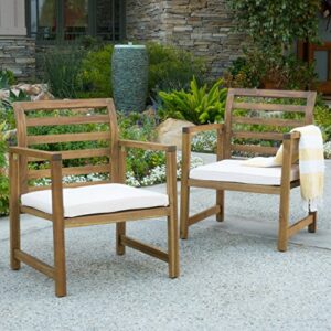 Christopher Knight Home Emilano Outdoor Acacia Wood Club Chairs, 2-Pcs Set, Natural Stained / White