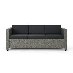 christopher knight home puerta outdoor wicker 3-seater sofa, mix black / dark grey cushion