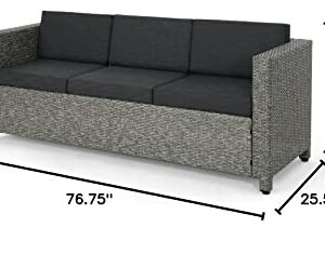 Christopher Knight Home Puerta Outdoor Wicker 3-Seater Sofa, Mix Black / Dark Grey Cushion