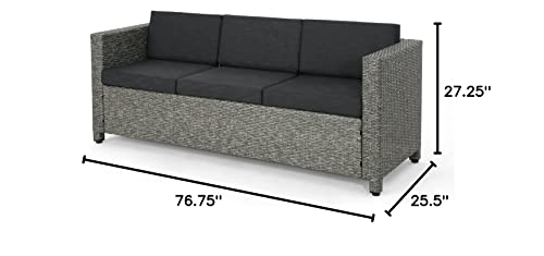 Christopher Knight Home Puerta Outdoor Wicker 3-Seater Sofa, Mix Black / Dark Grey Cushion