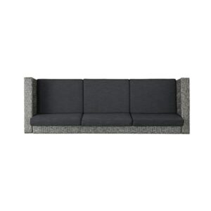 Christopher Knight Home Puerta Outdoor Wicker 3-Seater Sofa, Mix Black / Dark Grey Cushion