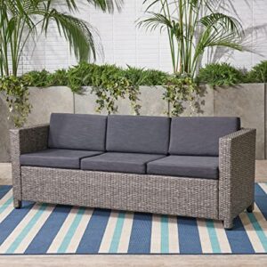 Christopher Knight Home Puerta Outdoor Wicker 3-Seater Sofa, Mix Black / Dark Grey Cushion