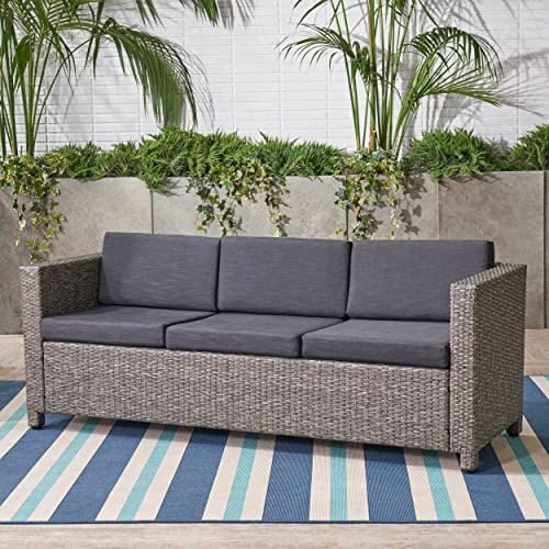 Christopher Knight Home Puerta Outdoor Wicker 3-Seater Sofa, Mix Black / Dark Grey Cushion