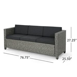 Christopher Knight Home Puerta Outdoor Wicker 3-Seater Sofa, Mix Black / Dark Grey Cushion