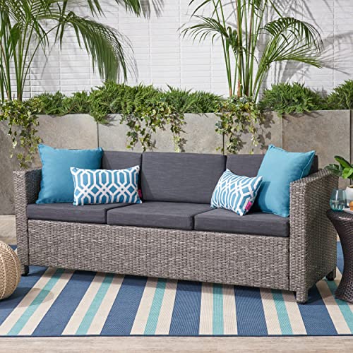 Christopher Knight Home Puerta Outdoor Wicker 3-Seater Sofa, Mix Black / Dark Grey Cushion