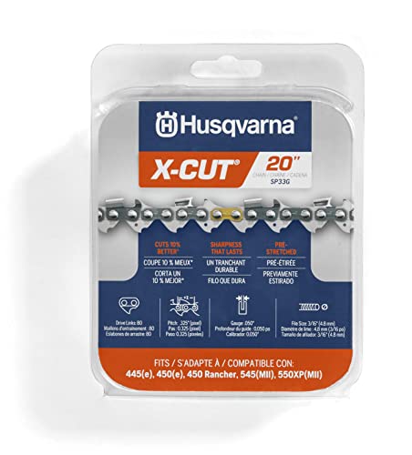 Husqvarna X-Cut SP33G 20 Inch Chainsaw Chain.325" Pitch.050" Gauge, 80 Drive Links, Highly Durable, Pre-Stretched Chainsaw Blade Replacement with Superior Lubrication and Low Kickback, Gray