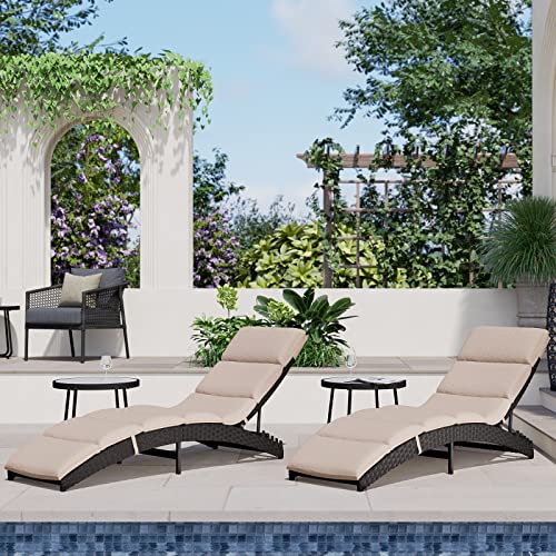 Grand patio Outdoor Lounge Chairs for Outside 2 Pieces Patio All-Weather Wicker Aluminum Reclining Folding Chaise Lounge with Cushions for Poolside, Beige