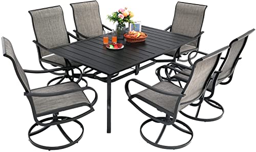 MEOOEM Patio Dining Set of 7, Outdoor 6 High Back Swivel Rock Chairs with Arms and 63 inch Rectangle Dining Table with 1.57" Umbrella Hole for Backyard Garden Bistro