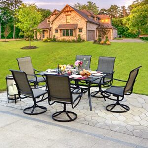 MEOOEM Patio Dining Set of 7, Outdoor 6 High Back Swivel Rock Chairs with Arms and 63 inch Rectangle Dining Table with 1.57" Umbrella Hole for Backyard Garden Bistro