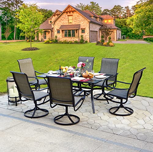 MEOOEM Patio Dining Set of 7, Outdoor 6 High Back Swivel Rock Chairs with Arms and 63 inch Rectangle Dining Table with 1.57" Umbrella Hole for Backyard Garden Bistro