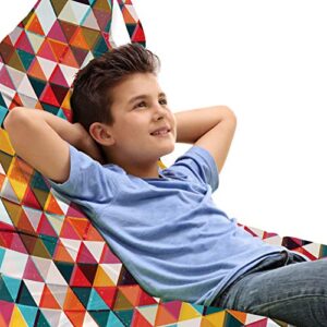 lunarable geometric lounger chair bag, colored grunge mosaic like vivid triangles grid contemporary fantasy pattern, high capacity storage with handle container, lounger size, multicolor