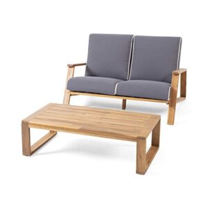 christopher knight home eartha outdoor loveseat set with coffee table, teak finish, dark gray