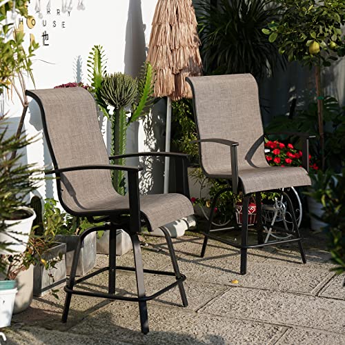 Grand patio Counter Height Outdoor Swivel Bar Stools Set of 2, All-Weather Steel Frame Patio Bar Chairs with Arms Backs for Porch Balcony, Poolside, Deck (Coffee, 2PC)