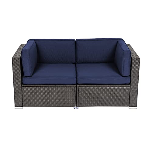 Patiomore 2 Pieces Outdoor Wicker Loveseat, Patio Rattan Sectional Furniture Corner Sofa Set All-Weather Black Brown Wicker with Removable Cushions for Balcony, Backyard, Garden (Dark Blue)