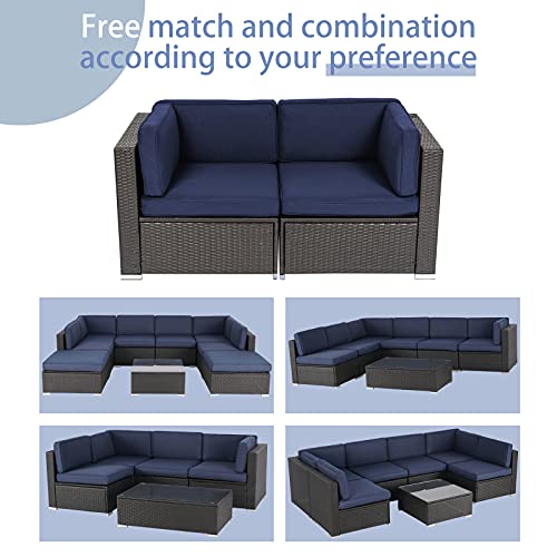 Patiomore 2 Pieces Outdoor Wicker Loveseat, Patio Rattan Sectional Furniture Corner Sofa Set All-Weather Black Brown Wicker with Removable Cushions for Balcony, Backyard, Garden (Dark Blue)