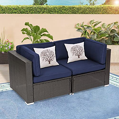 Patiomore 2 Pieces Outdoor Wicker Loveseat, Patio Rattan Sectional Furniture Corner Sofa Set All-Weather Black Brown Wicker with Removable Cushions for Balcony, Backyard, Garden (Dark Blue)