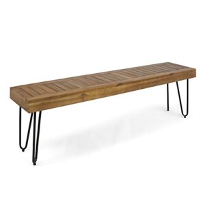 christopher knight home abbet outdoor industrial wood bench, teak/black metal