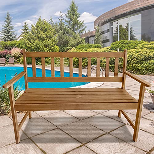 Dkeli Wood Bench Outdoor Bench Porch Bench with Armrests, Acacia Wooden Patio Park Garden Backyard Pool Balcony Furniture, 705lbs Weight Capacity, Natural Oiled