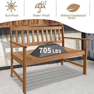 Dkeli Wood Bench Outdoor Bench Porch Bench with Armrests, Acacia Wooden Patio Park Garden Backyard Pool Balcony Furniture, 705lbs Weight Capacity, Natural Oiled