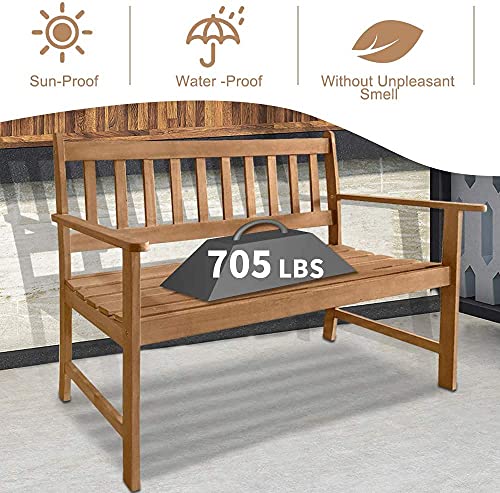 Dkeli Wood Bench Outdoor Bench Porch Bench with Armrests, Acacia Wooden Patio Park Garden Backyard Pool Balcony Furniture, 705lbs Weight Capacity, Natural Oiled