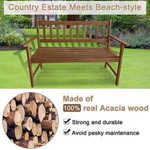 Dkeli Wood Bench Outdoor Bench Porch Bench with Armrests, Acacia Wooden Patio Park Garden Backyard Pool Balcony Furniture, 705lbs Weight Capacity, Natural Oiled