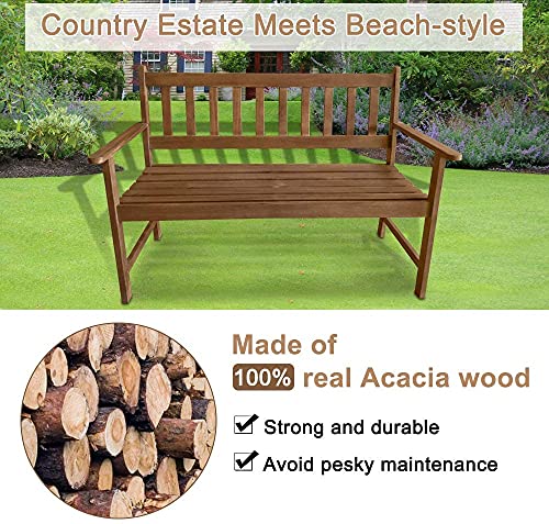 Dkeli Wood Bench Outdoor Bench Porch Bench with Armrests, Acacia Wooden Patio Park Garden Backyard Pool Balcony Furniture, 705lbs Weight Capacity, Natural Oiled