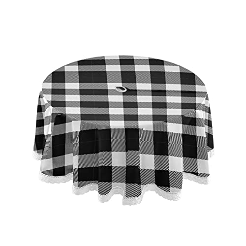 Black White Buffalo Check Outdoor Tablecloth Farmhouse Tartan Round Tablecloths with Umbrella Hole and Zipper Circular Patio Table Cloths Covers for Backyard BBQ Picnic 60 Inch