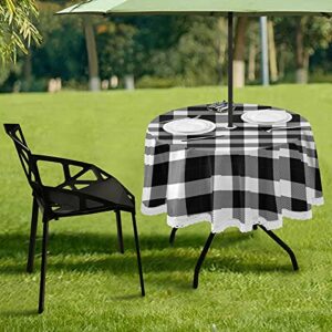 Black White Buffalo Check Outdoor Tablecloth Farmhouse Tartan Round Tablecloths with Umbrella Hole and Zipper Circular Patio Table Cloths Covers for Backyard BBQ Picnic 60 Inch