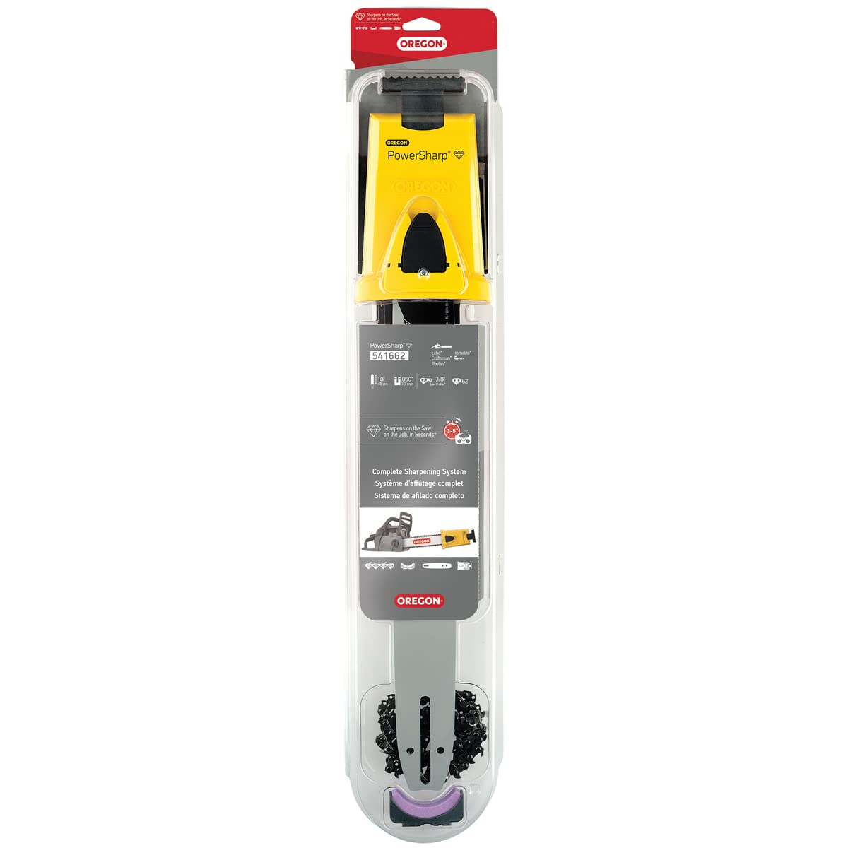 Oregon 18-inch PowerSharp Starter Kit with Bar, Sharpener, and 62 Drive Link PowerSharp Chain, 3/8" Low Profile, .050" Gauge, Portable Sharpening Tool for Chainsaws (541662),Grey/Yellow