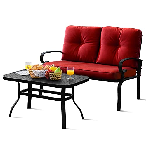 Tangkula Patio Loveseat with Table Set, 2 Seat Cushioned Sofa with Coffee Table, Patio Conversation Sofa Set with Rustproof Frame, 2 Pieces Outdoor Furniture Set for Garden, Poolside, Balcony (Red)