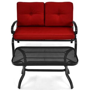 Tangkula Patio Loveseat with Table Set, 2 Seat Cushioned Sofa with Coffee Table, Patio Conversation Sofa Set with Rustproof Frame, 2 Pieces Outdoor Furniture Set for Garden, Poolside, Balcony (Red)