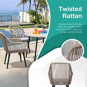 Patiorama Outdoor Dining Chairs, Patio Dining Chair Set of 2, All-Weather Woven Rope Rattan Wicker Chairs, Patio Club Chairs, Outside Chair Seating with Arms and Cushions for Lawn Backyard Pool(Tan)