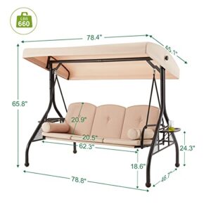 GYUTEI 3-Seat Outdoor Patio Swing Chair,Porch Swing Chair with Adjustable Backrest and Canopy,Outdoor Porch Swing Glider Chair,w/Cushions,Pillows and Cup Holders for Porch,Backyard(Khaki)